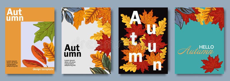 Set of Trendy Minimal Autumn Posters with Colorful Leaves and Modern ...