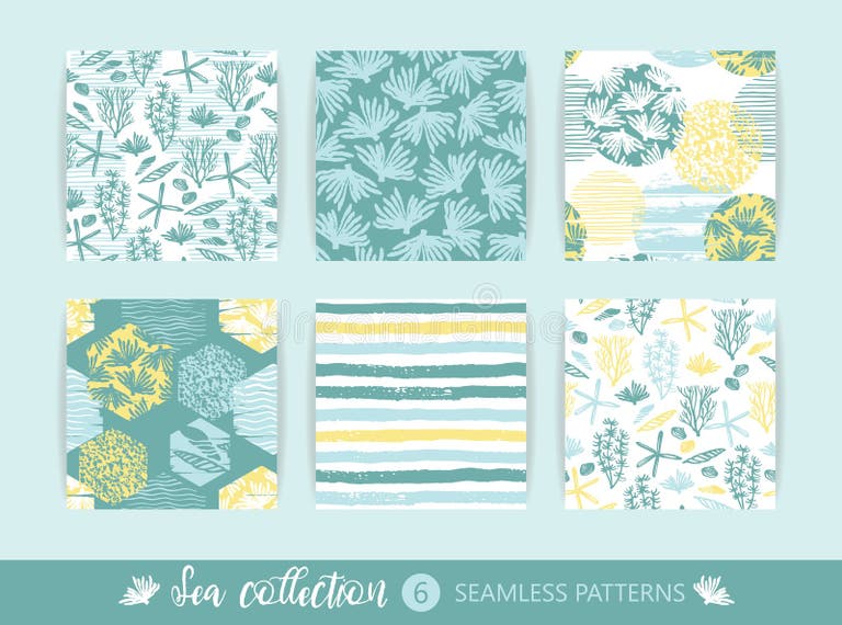 Set of Trendy Sea Seamless Patterns with Hand Texture and Geometric ...