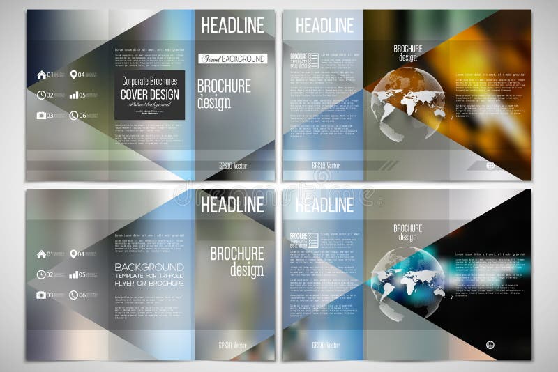 Set of Tri-fold Brochure Design Template on Both Sides with World Globe ...