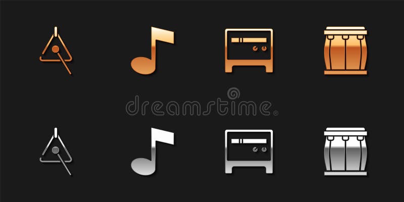 Set Triangle, Music Note, Tone, Guitar Amplifier and Drum Icon. Vector ...