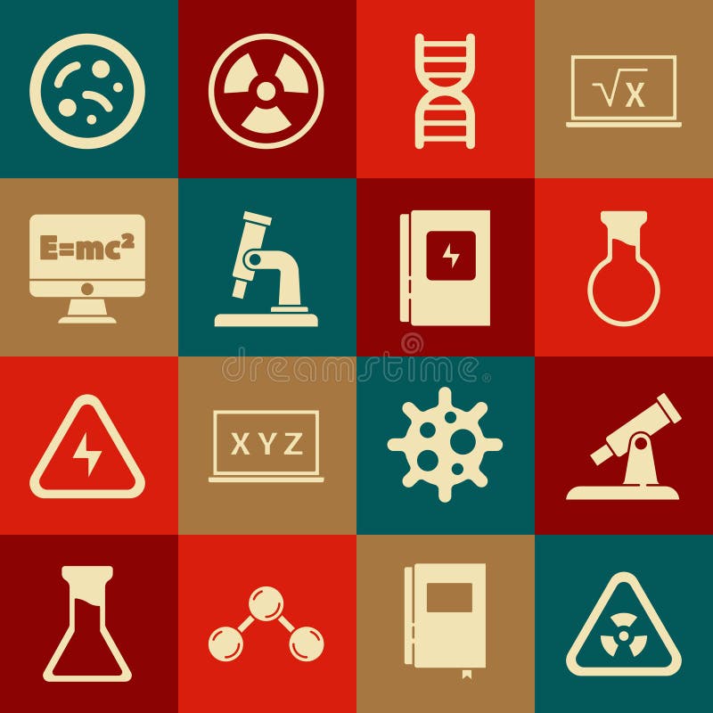 Set Triangle with Radiation, Telescope, Test Tube and Flask, DNA Symbol ...