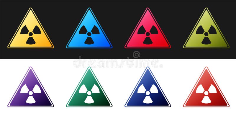 Set Triangle Sign with Radiation Symbol Icon Isolated on Black and ...