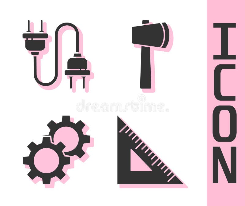 Set Triangular Ruler, Electric Plug, Gear and Wooden Axe Icon. Vector ...