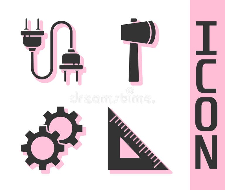 Set Triangular Ruler, Electric Plug, Gear and Wooden Axe Icon. Vector ...