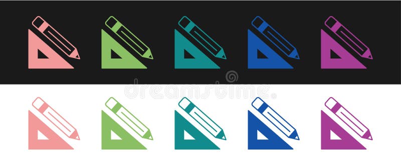 Set Triangular Ruler and Pencil Icon Isolated on Black and White ...
