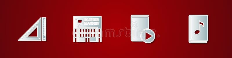 Set Triangular Ruler, Supermarket Building, Audio Book and Icon. Vector ... Set Triangular Ruler, Supermarket Building, Audio Book and Icon. Vector ...