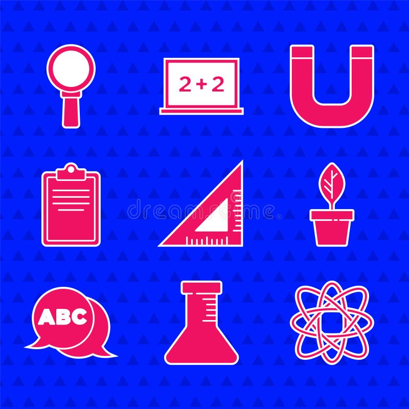 Set Triangular Ruler, Test Tube and Flask, Atom, Plant in Pot, Alphabet ...