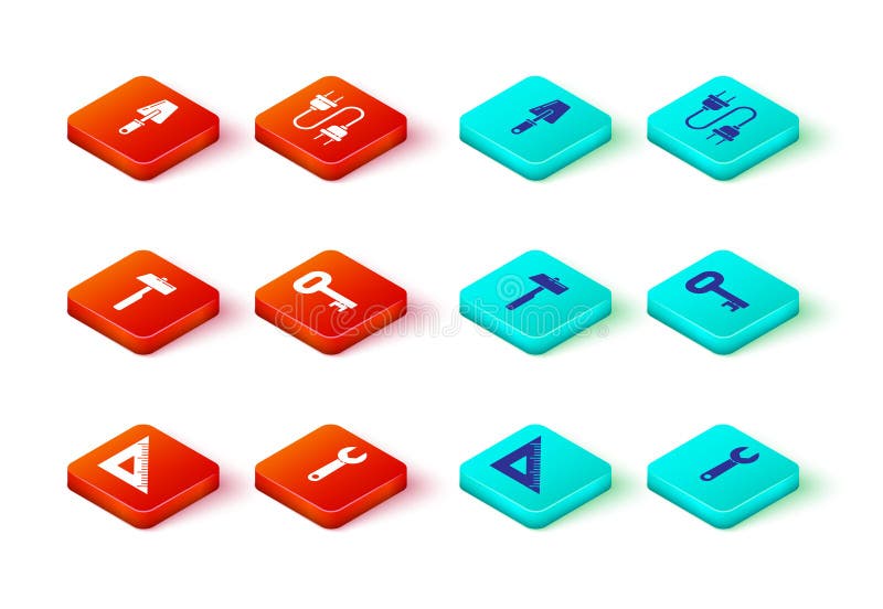 Set Triangular Ruler, Wrench Spanner, Hammer, Old Key, Electric Plug ...