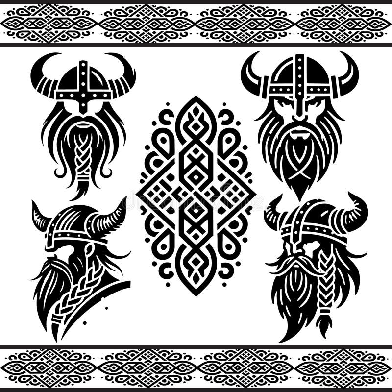 Set with Tribal Ethnic Seamless Borders, Patterns and Four Viking ...