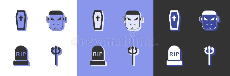 Set Trident Devil, Coffin with Christian Cross, Tombstone RIP Written ...