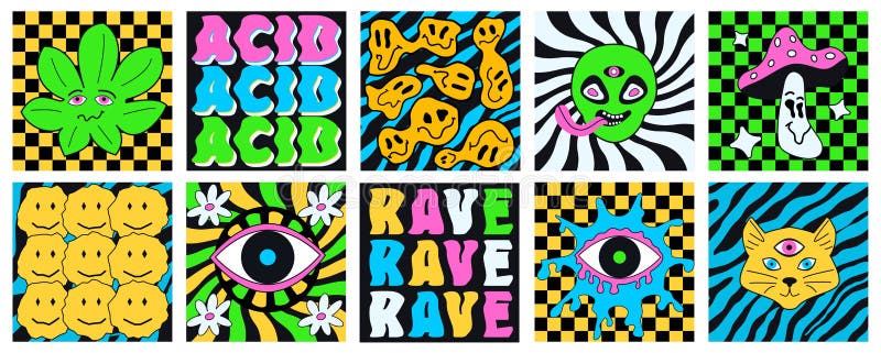 A Set of Trippy, Acid Design Elements with Psyhedelic Figures. Stock ...