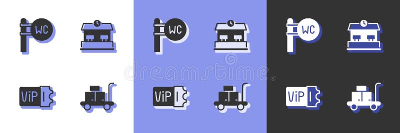 Set Trolley Suitcase, Toilet, Train Ticket and Railway Station Icon ...