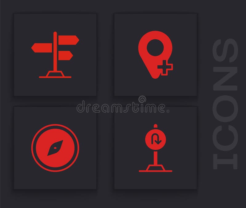 Set Turn Back Road Sign, Road Traffic, Location and Compass Icon ...