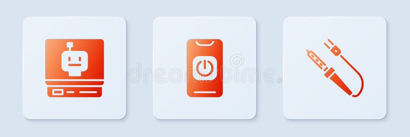 Set Turn Off Robot from Phone, Robot and Soldering Iron. White Square ...