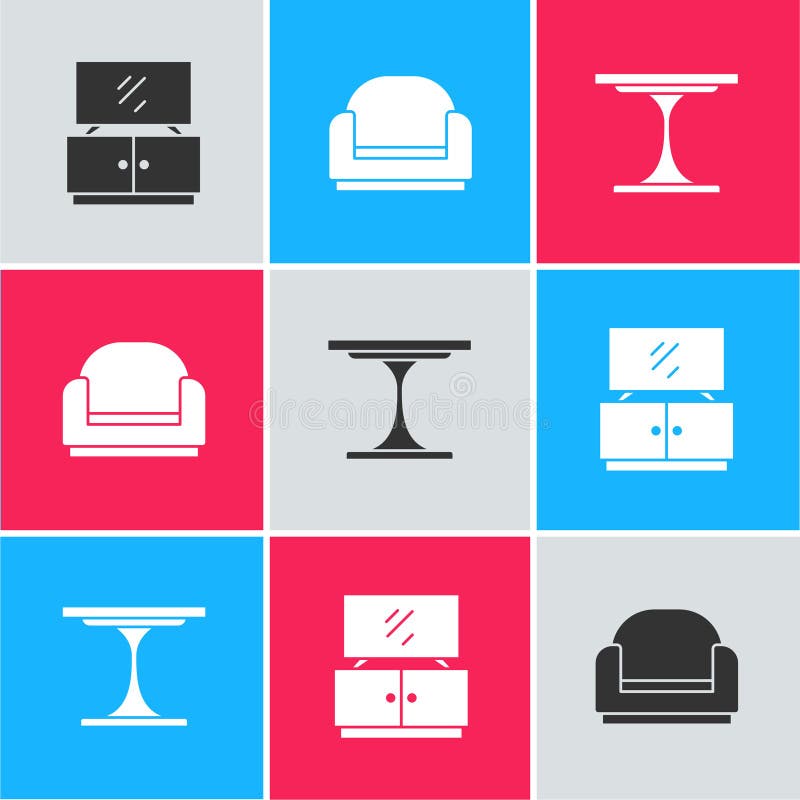 Set TV Table Stand, Armchair and Round Icon. Vector Stock Vector ...