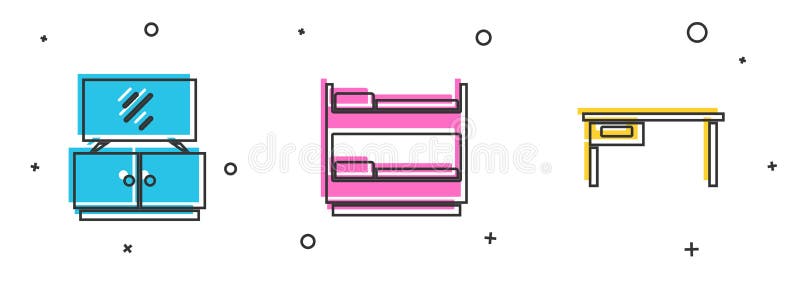 Set TV Table Stand, Bunk Bed and Office Desk Icon. Vector Stock Vector ...