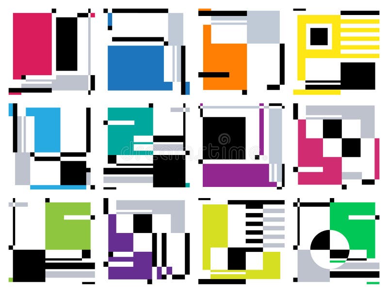 Set of Twelve Abstract Geometric Compositions. Colored Rectangles and ...