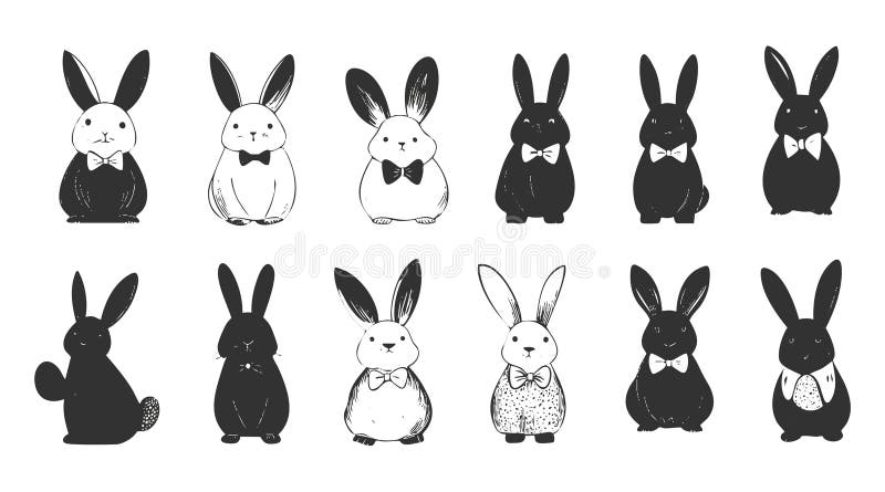 Set of Twelve Black and White Dressed Cartoon Rabbits with Bow Ties ...