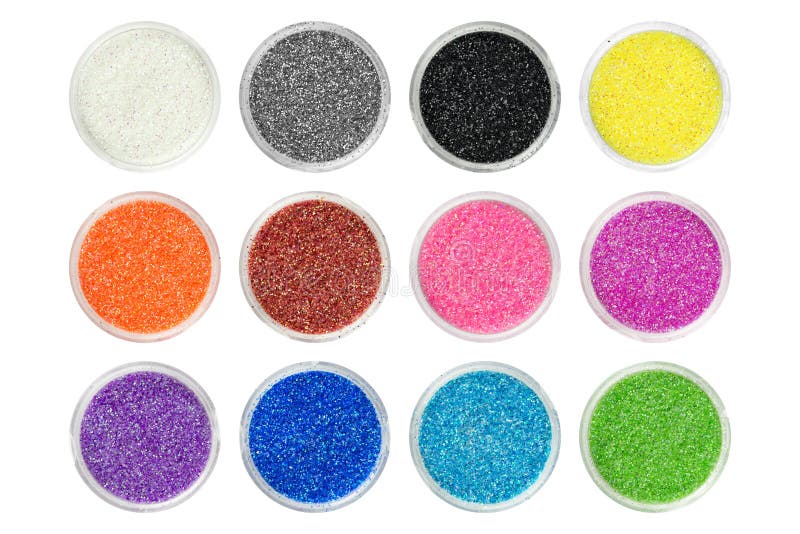 Set of Twelve Different Colors Glitter Particles in Open Containers ...