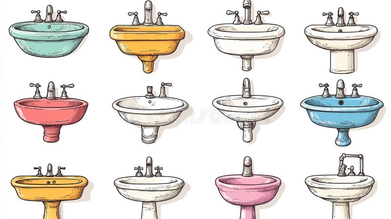 A Set of Twelve Hand-drawn Illustrations of Various Bathroom Sinks in ...