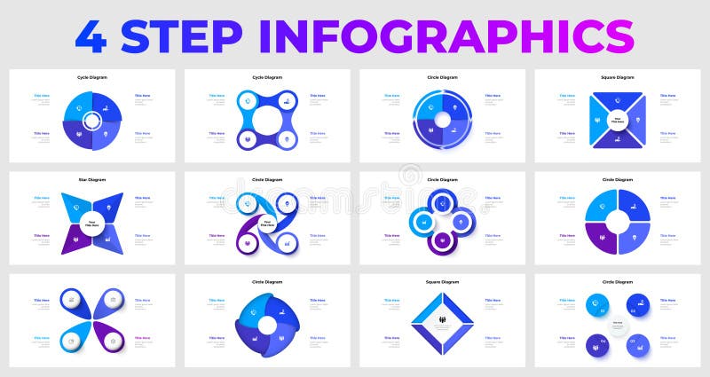Set of Twelve Infographic Templates Featuring Four Step Diagrams in ...