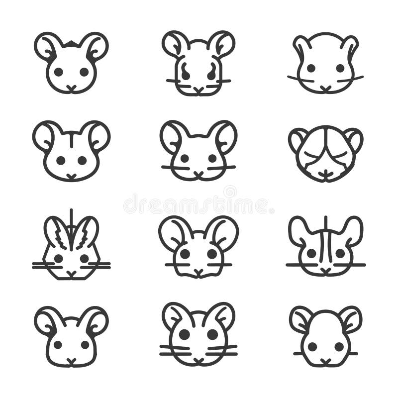 Twelve Cute Mouse Faces: Simple Line Icons Stock Vector - Illustration ...