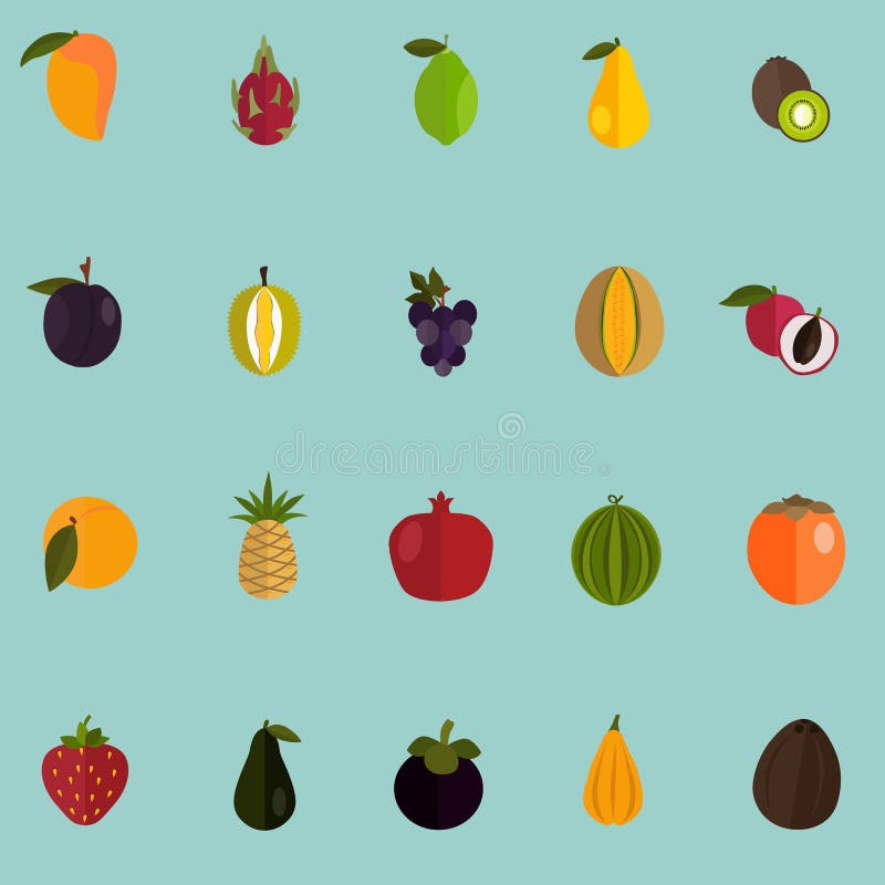 Set of Twenty Color Flat Fruits Icons Stock Illustration - Illustration ...