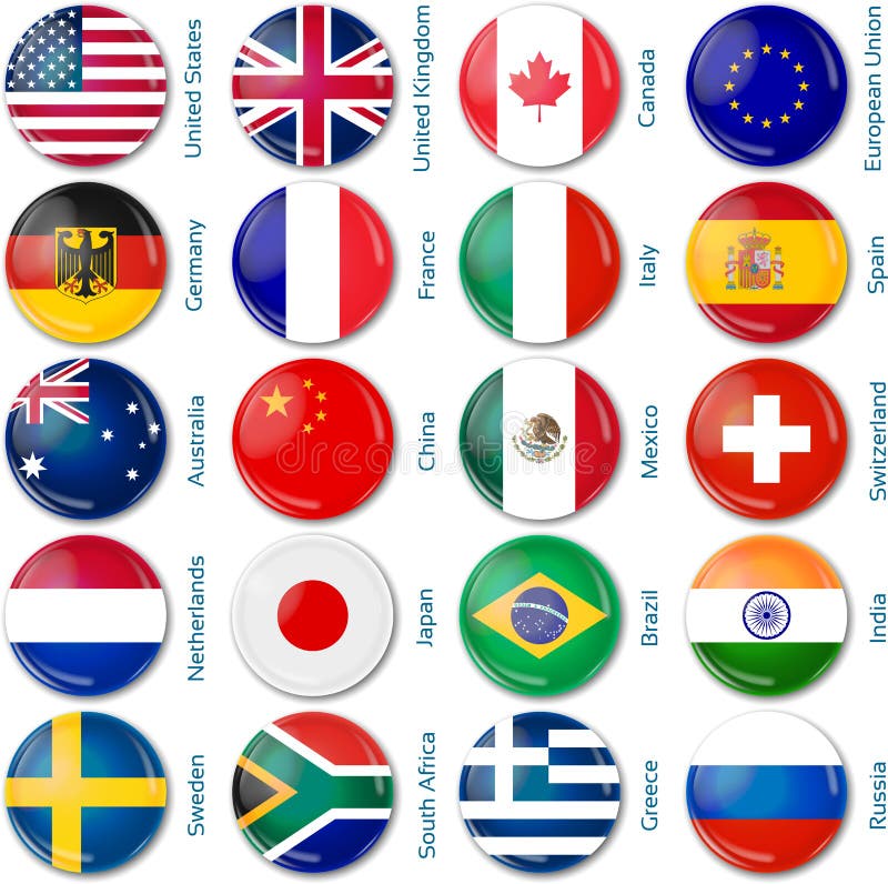 Set of Twenty Flags in Round Style. Popular Countries Stock ...