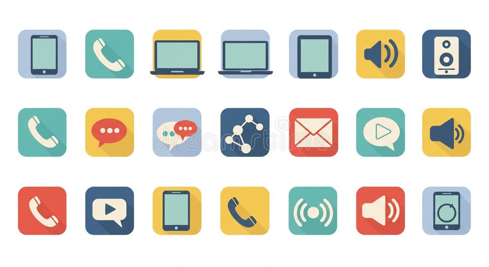 A Set of Twenty Flat, Rectangular Icons with Rounded Corners Featuring ...