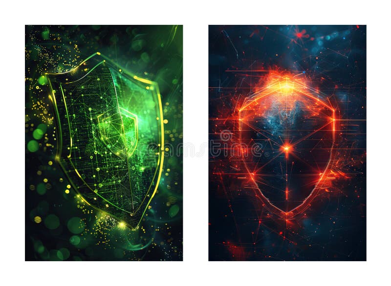 Set of Two Abstract Cyber Security Illustration with Shield in Neon ...