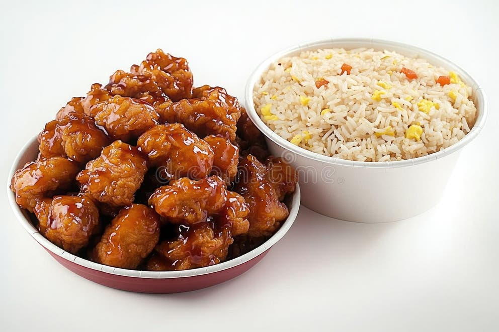 A Set of Two Bowls Filled with Rice and Chicken Stock Image - Image of ...