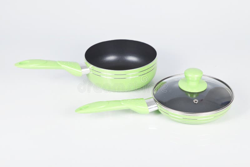 Set of Two Pans on White Background Stock Photo - Image of handle ...