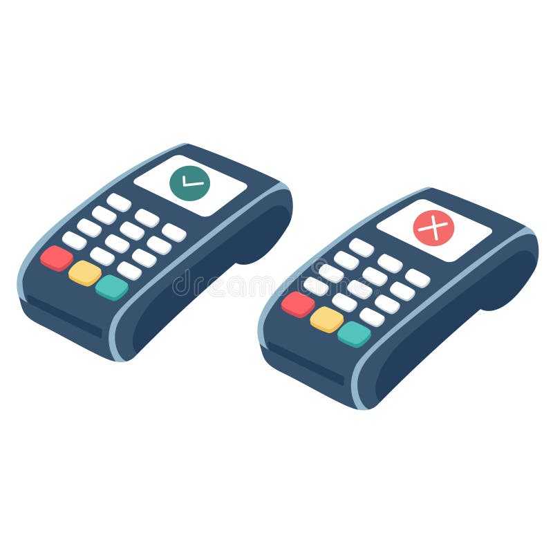 Set of Two POS Terminals with Red Cross Sign and Green Checkmark. Side ...