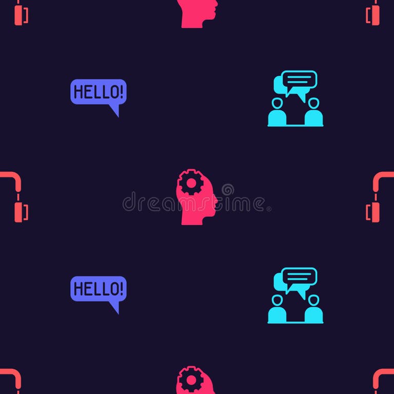 Set Two Sitting Men Talking, Hello Different Languages, Head with Gear ...