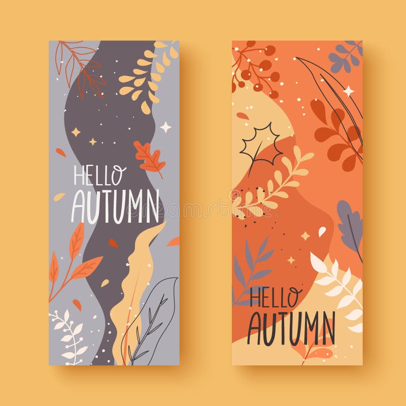Set of Two Vertical Banners in Warm Colors with Falling Autumn Leaves ...