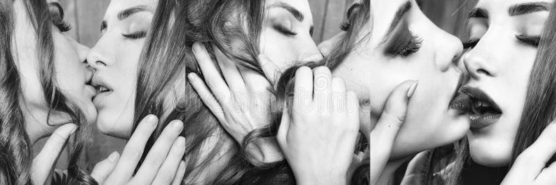 Set Of Two Women Friends Kissing Lesbian Couple Kiss Lips Lesbian