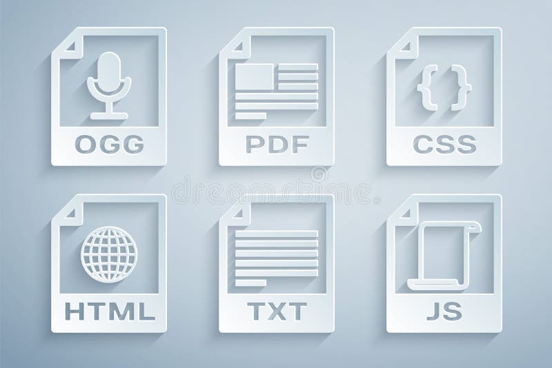 Set TXT File Document, CSS, HTML, JS, PDF and OGG Icon. Vector Stock Vector - Illustration of ...