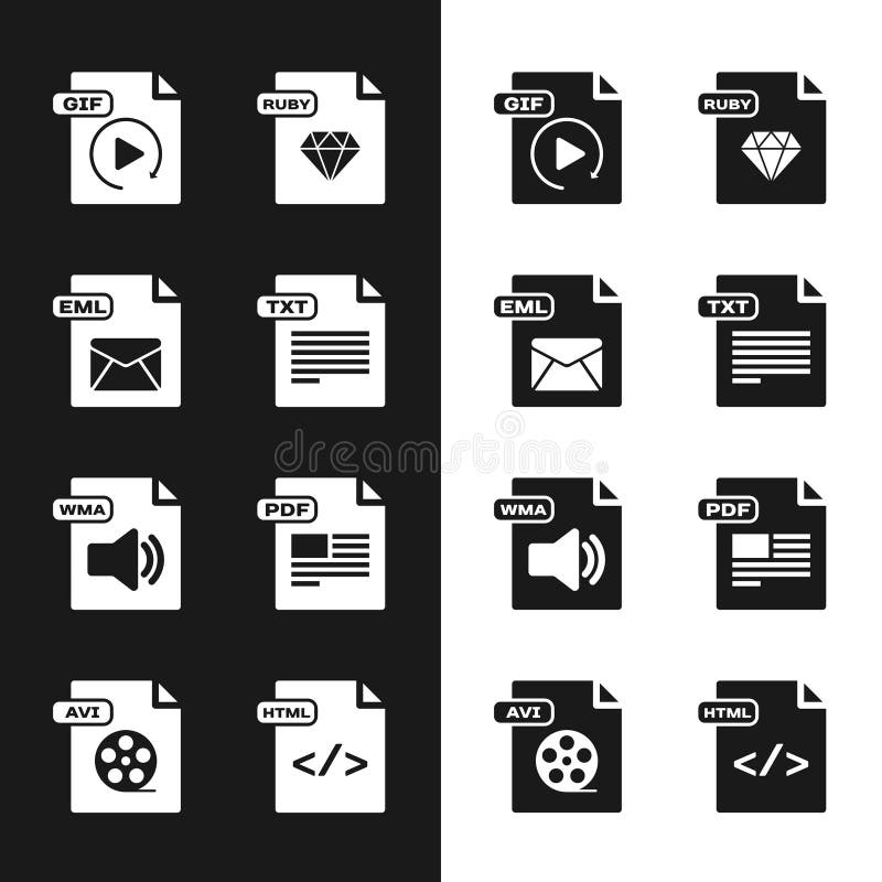 Set TXT File Document, EML, GIF, RUBY, WMA, PDF, HTML and AVI Icon ... Set TXT File Document, EML, GIF, RUBY, WMA, PDF, HTML and AVI Icon ...