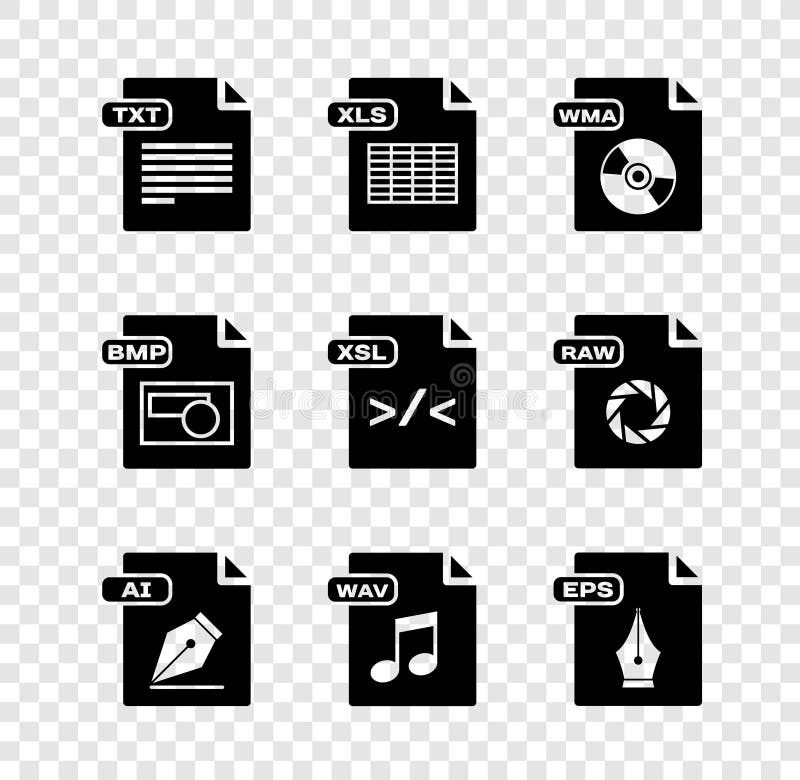 Set Txt File Document Xls Wma Ai Wav Eps Bmp And Xsl Icon Vector
