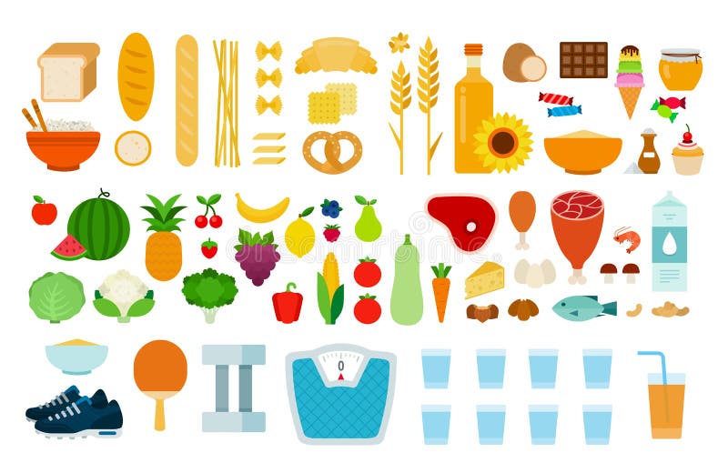Set of Types of Food Icons Flat Vector Stock Vector - Illustration of ...