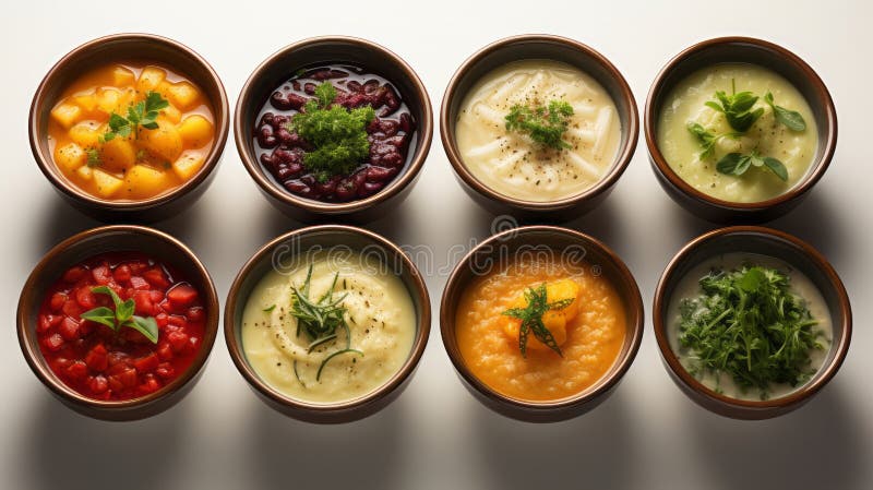 Set of Types of Soup in a Bowl from Above. Generative AI. Stock Photo ...