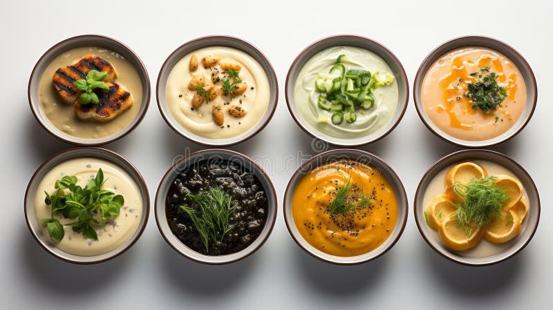 Set of Types of Soup in a Bowl from Above. Generative AI. Stock Photo ...