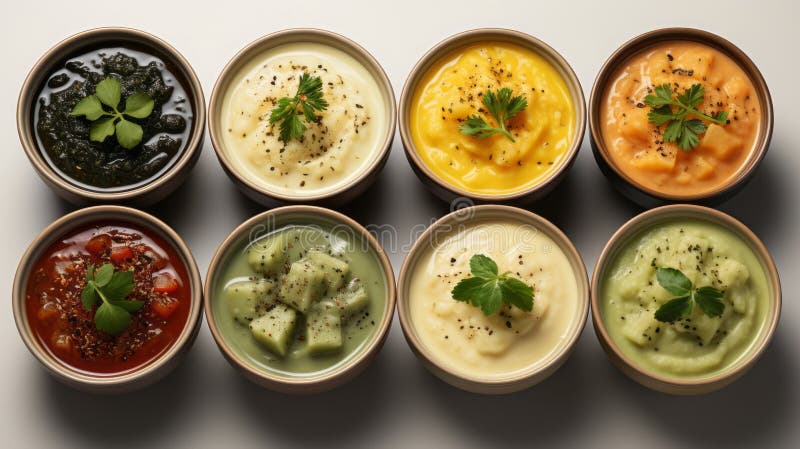Set of Types of Soup in a Bowl from Above. Generative AI. Stock Photo ...
