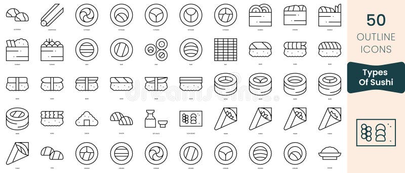 Set of Types of Sushi Icons. Thin Linear Style Icons Pack Stock Vector ...