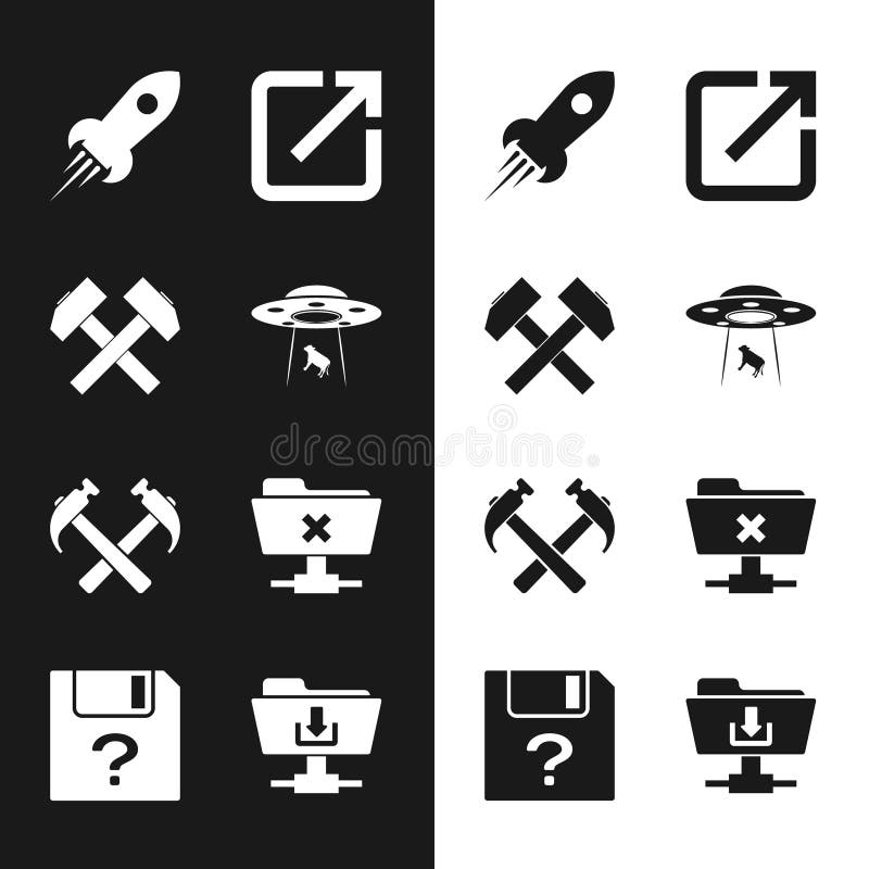 Set UFO Abducts Cow, Two Crossed Hammers, Rocket Ship with Fire, Open ... Set UFO Abducts Cow, Two Crossed Hammers, Rocket Ship with Fire, Open ...