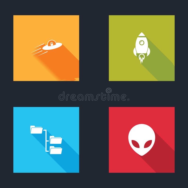 Set UFO Flying Spaceship and Alien, Rocket with Fire, Folder Tree and ...