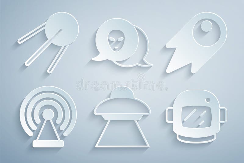 Set UFO Flying Spaceship, Comet Falling Down Fast, Radar, Astronaut ... Set UFO Flying Spaceship, Comet Falling Down Fast, Radar, Astronaut ...