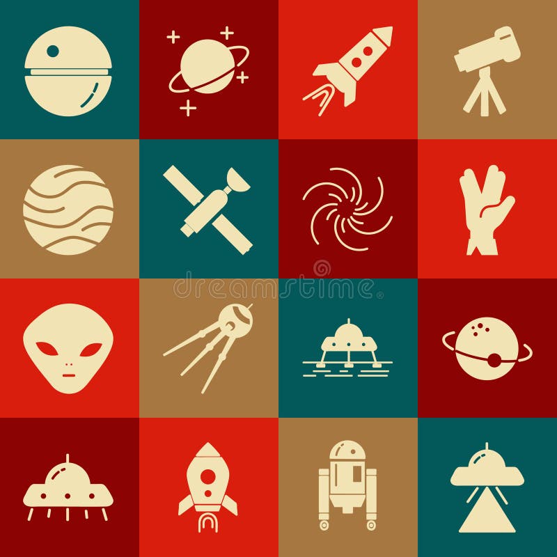 Set UFO Flying Spaceship, Planet, Vulcan Salute, Rocket with Fire ... Set UFO Flying Spaceship, Planet, Vulcan Salute, Rocket with Fire ...