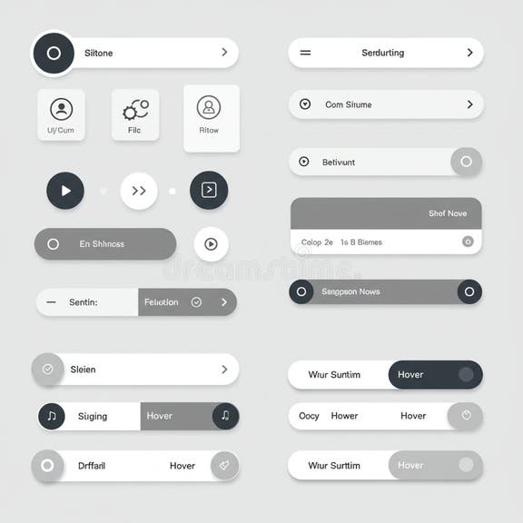 A Set of UI Elements Including Buttons, Icons, and Sliders with a Minimalist Design. Stock ...