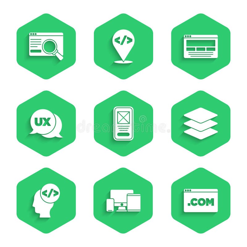 Set UI or UX Design, Monitor, Mobile, Tablet, Layers, Front End Development, and Icon. Vector ...
